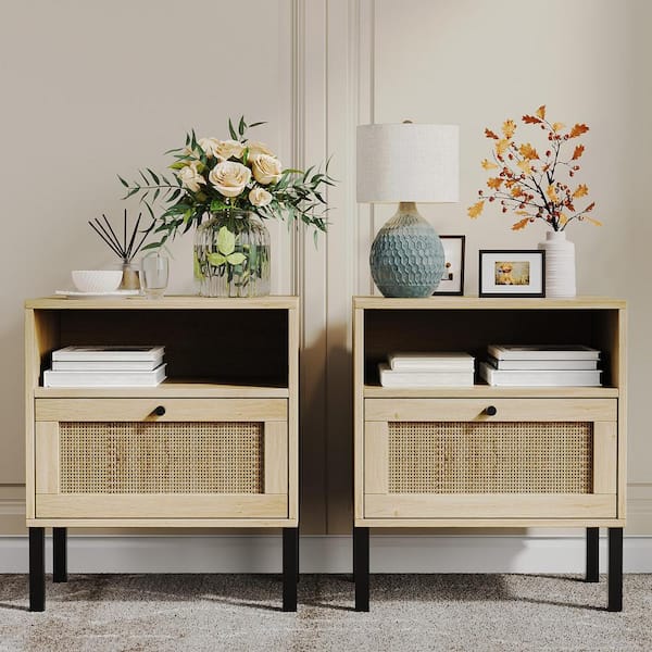 Angel Sar Natural 1 Door 18.58 in. W Rattan Nightstand Set of 2 BDSET2NA
