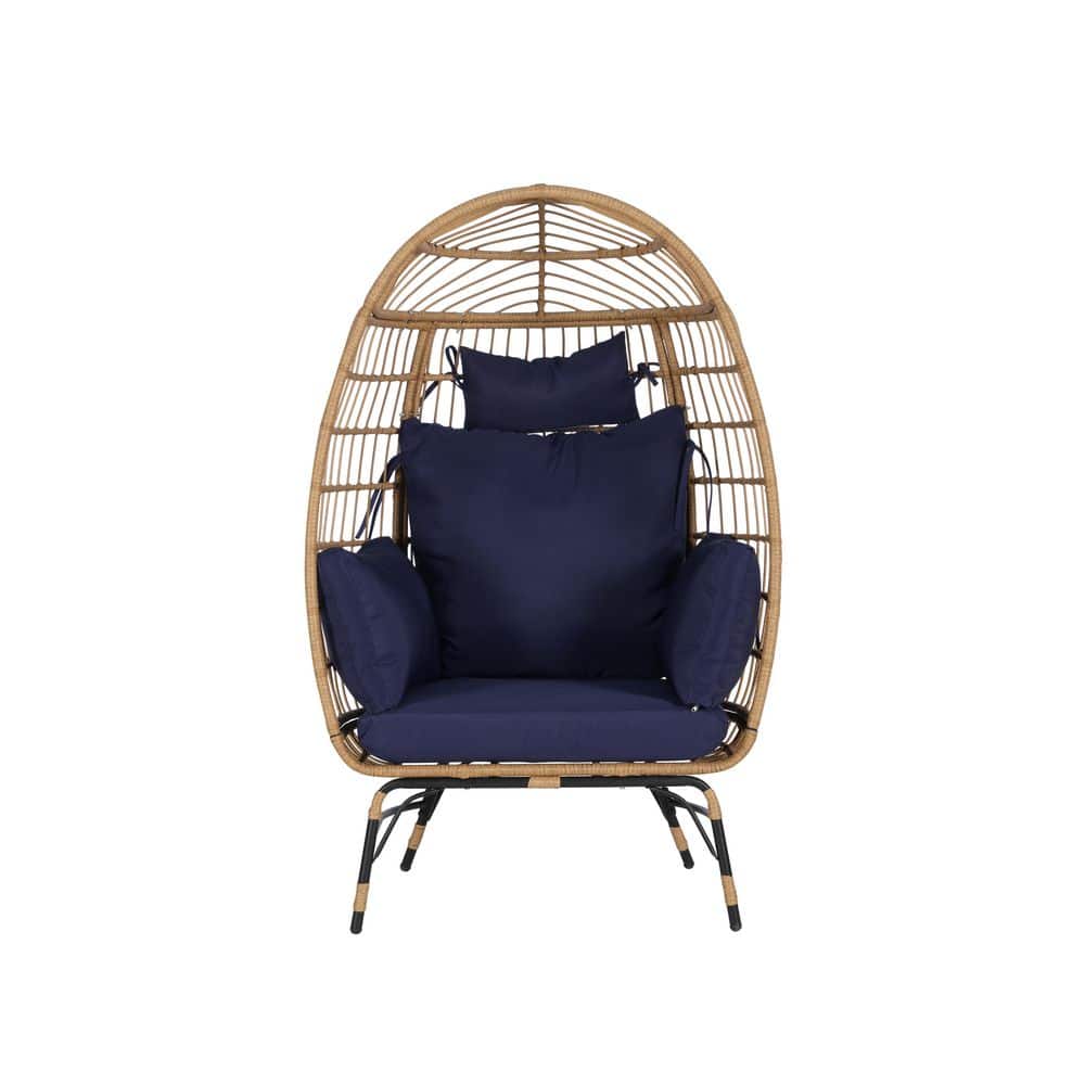 All-Weather Wicker Outdoor Lounge Chair with Dark Blue Cushion, PE ...