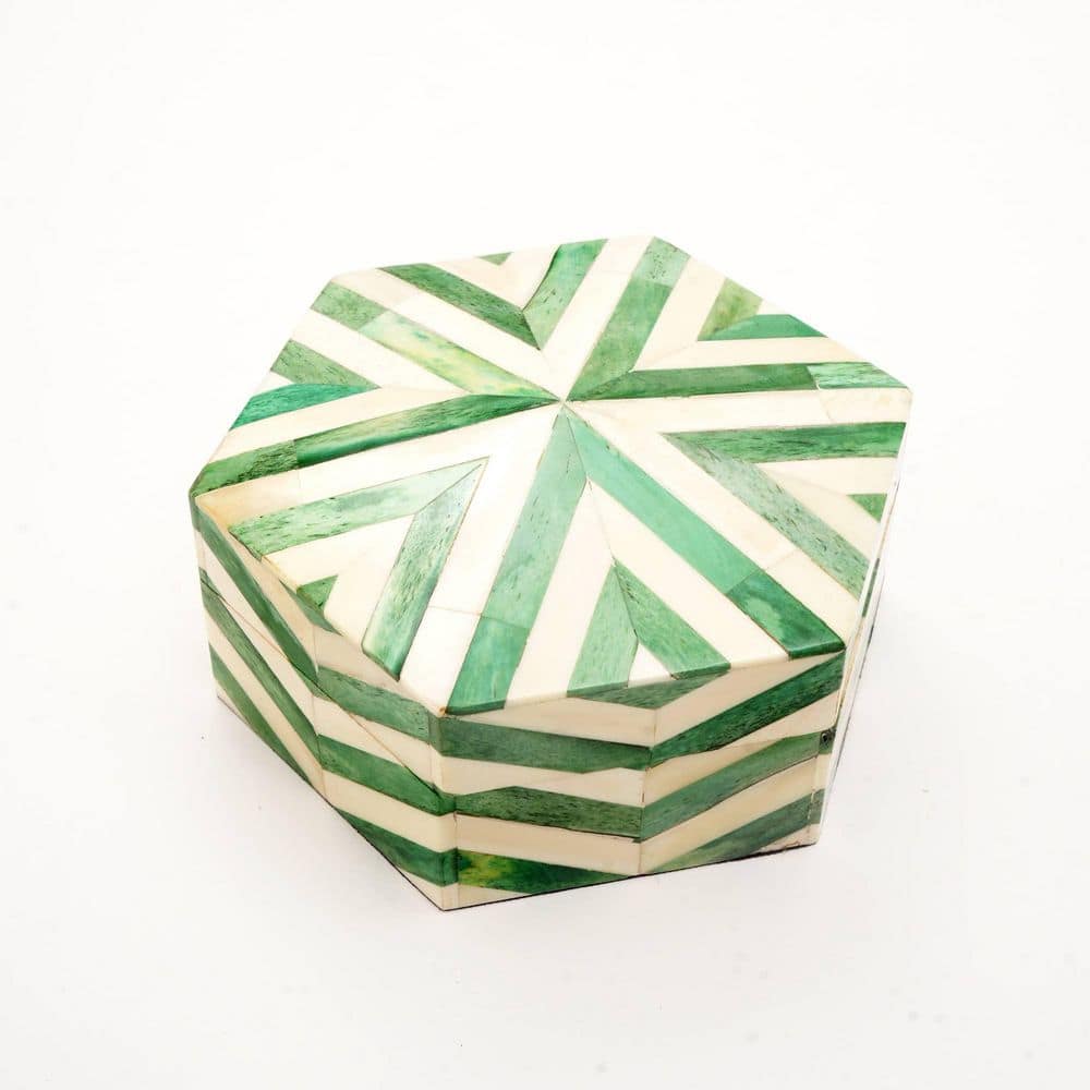 New Zigzag Pattern Green 6.5 in. x 3 in. Bone & MDF Decorative Storage Box with Hexagonal Shape ...