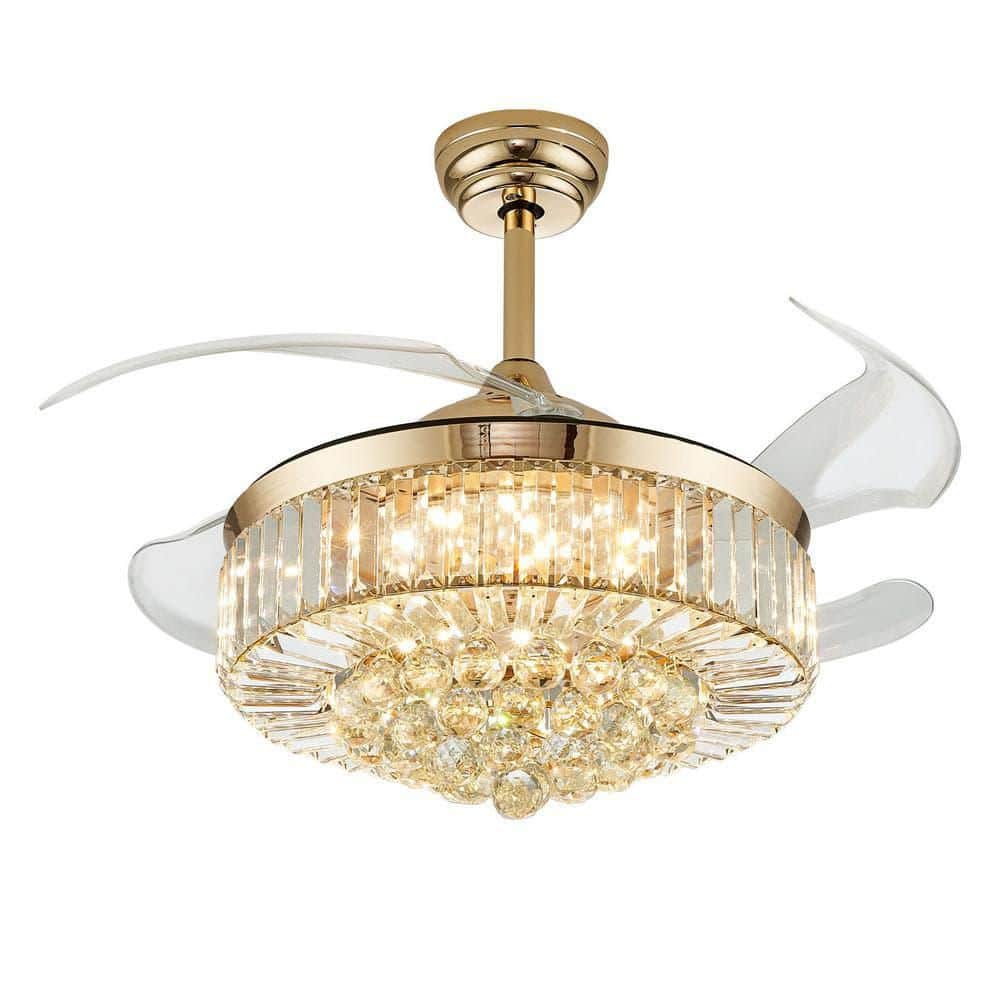 WDETR 48 in. Modern Smart Indoor Gold Retractable Crystal Ceiling Fan ...