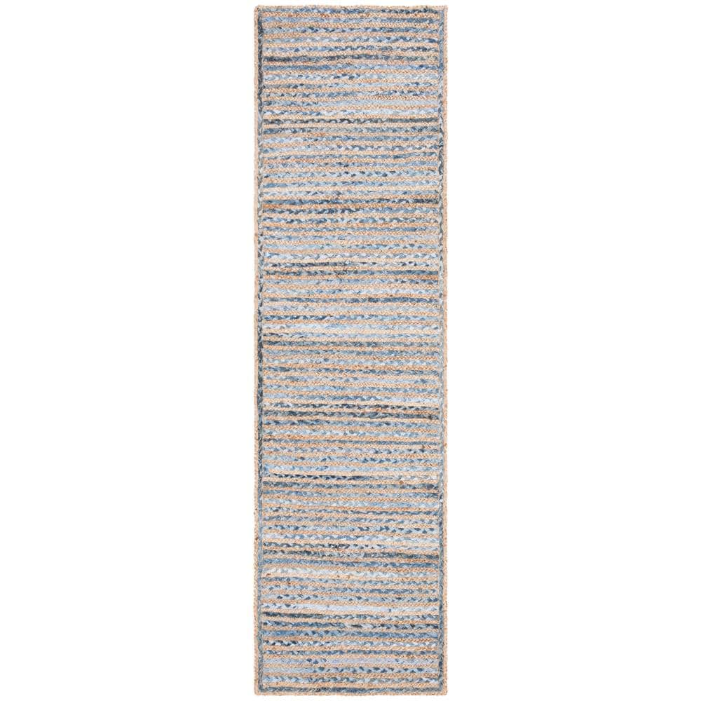 SAFAVIEH Cape Cod Natural/Blue 2 ft. x 14 ft. Braided Striped Runner ...