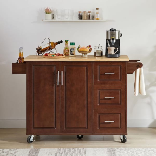 Ziyudura Rolling Brown Wood Top 53 in. Kitchen Island Cart with Storage ...