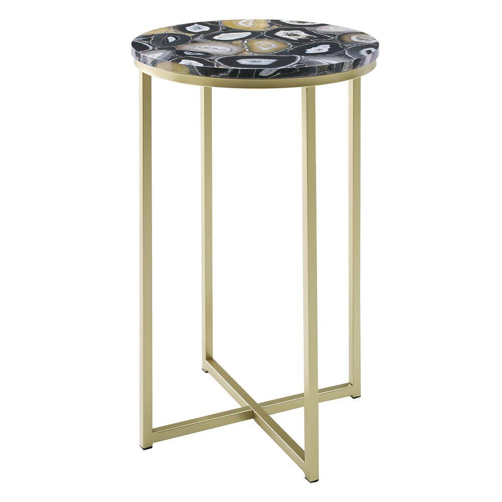 Welwick Designs 16 in. Faux Stone Round Glam Side Table - Faux Black ...