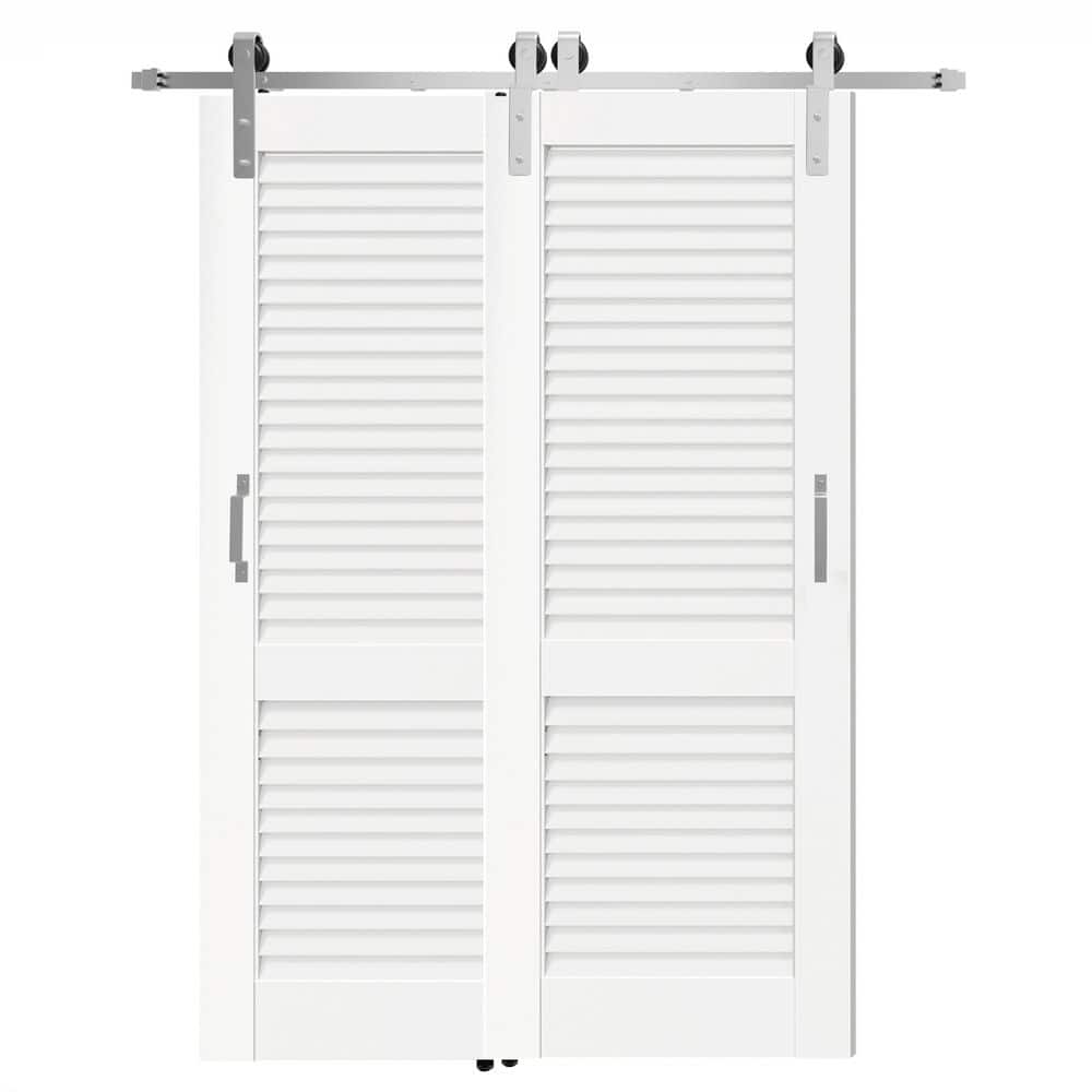 TENONER 60 in. x 80 in. Louvered Panel White Primed Pine Wood Bypass ...