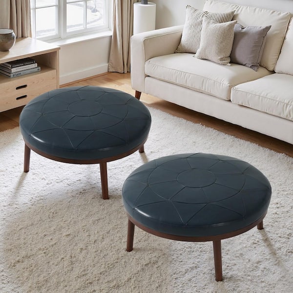 Uixe Modern Navy Blue Leather Round Ottoman (Set Of 2) OT0005-PNB-2 ...