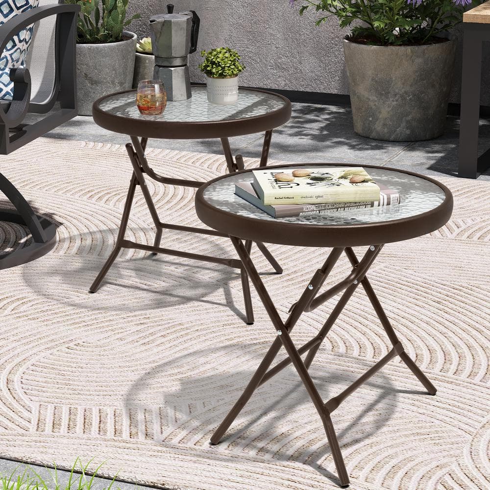Crestlive Products 17.72 in. Round Brown Glass Top Foldable Metal ...