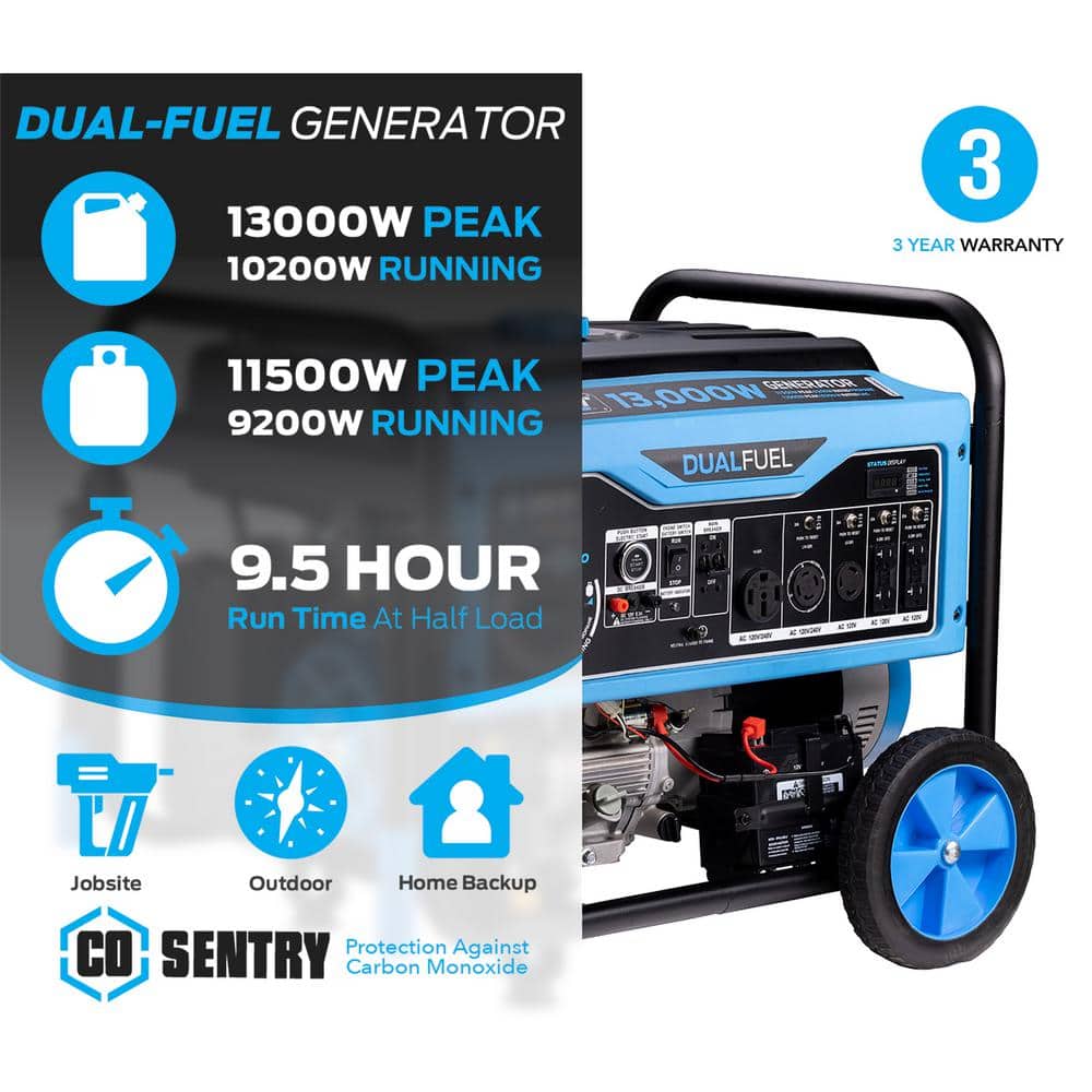 Pulsar 13,000/10,000 -Watt Dual-Fuel Gasoline and Propane with Push to ...