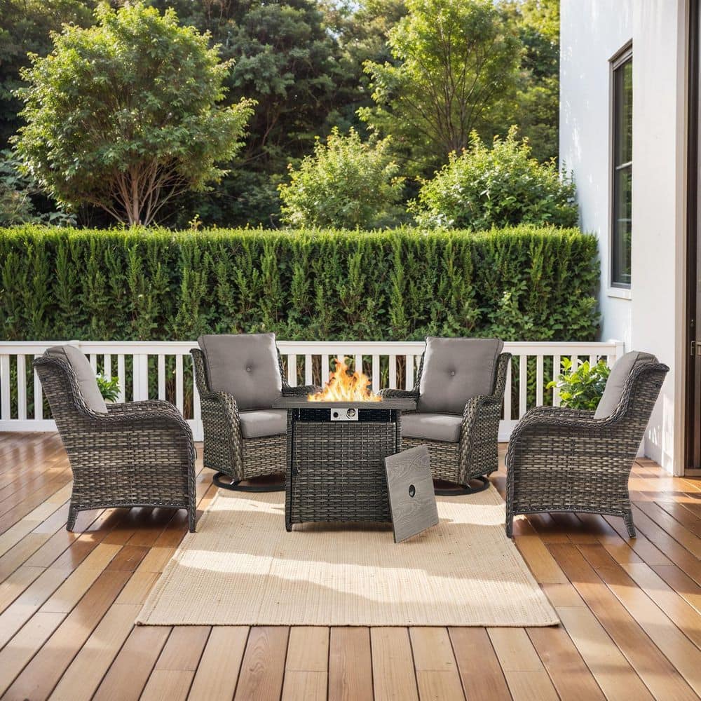 moosprr Arcline 5-Piece Gray Wicker Fire Pit Conversation Set with ...