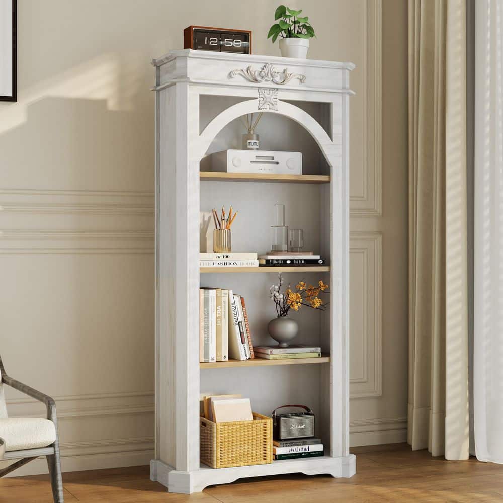 anpport Vintage 65 in. Tall White Wood 3-Shelf Accent Bookcase with ...