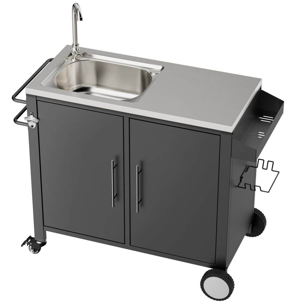 Sudzendf Black Outdoor Grill Cart with Silver 304 Stainless Steel Sink ...
