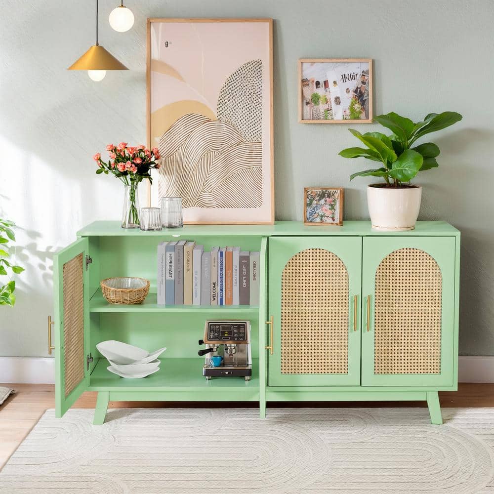 Tahanbath Boho Mint Green Sideboard Buffet Cabinet with Rattan Doors ...