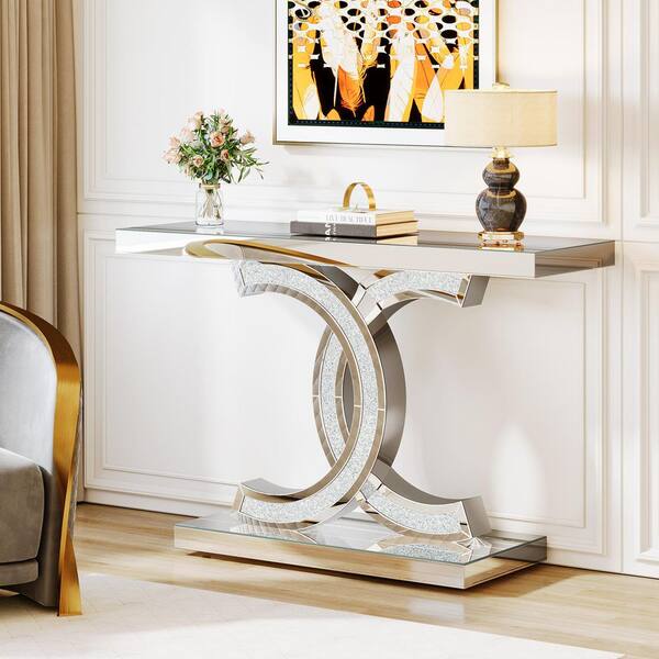 BYBLIGHT Terrella 39.7 in. Silver Rectangle Mirrored Console Table ...