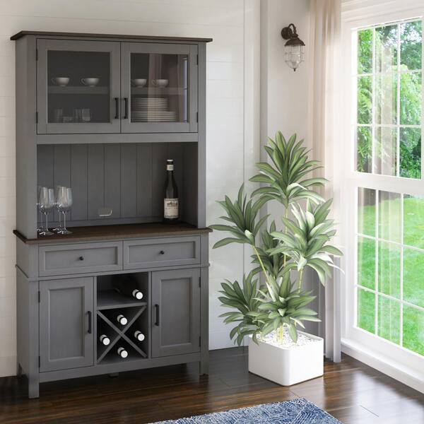 Twin Star Home Antique Gray Wood 42 in. Buffet and Hutch with Wine ...
