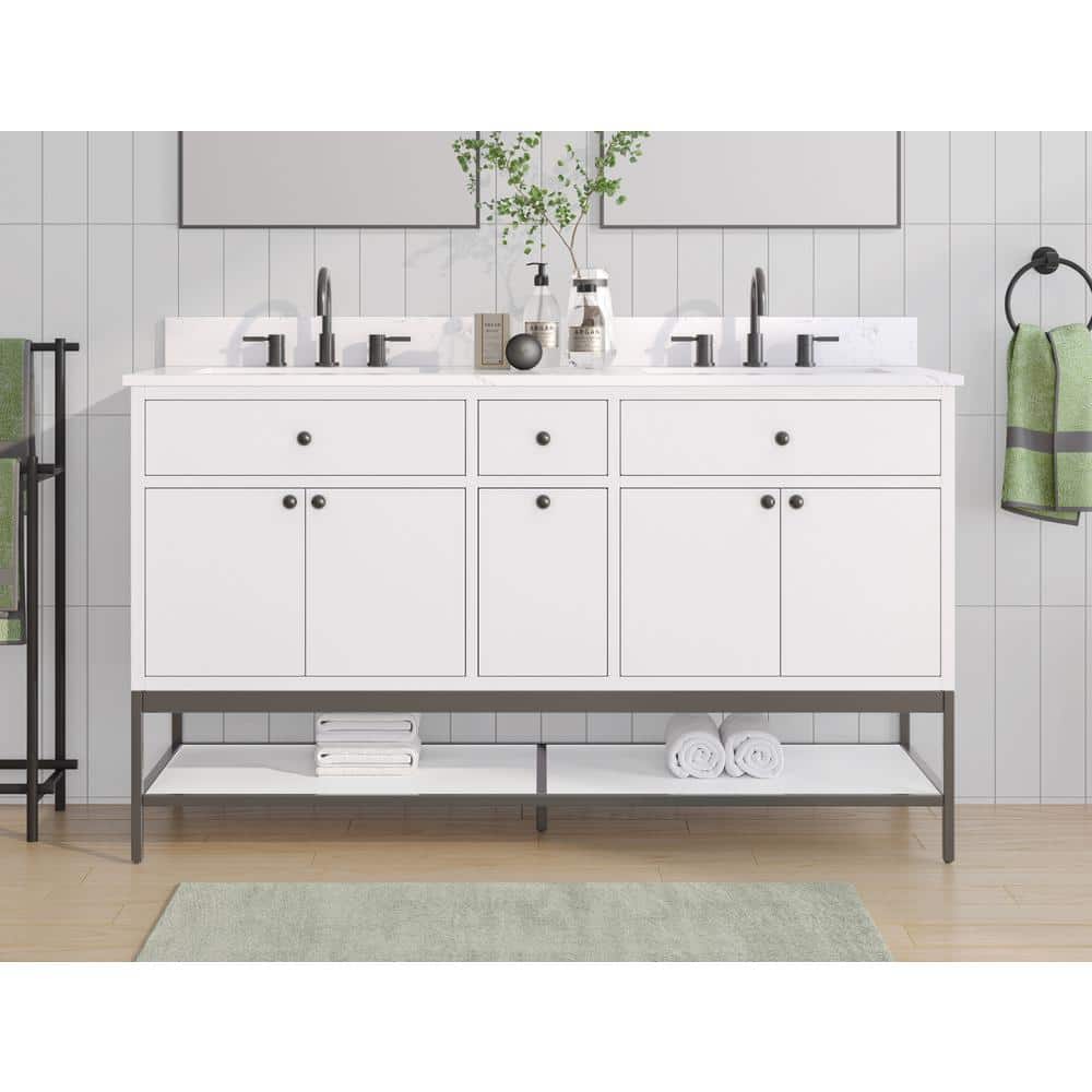 Avanity Paisley 60 in. Double Sink White Bath Vanity with Cala White Engineered Stone Top ...