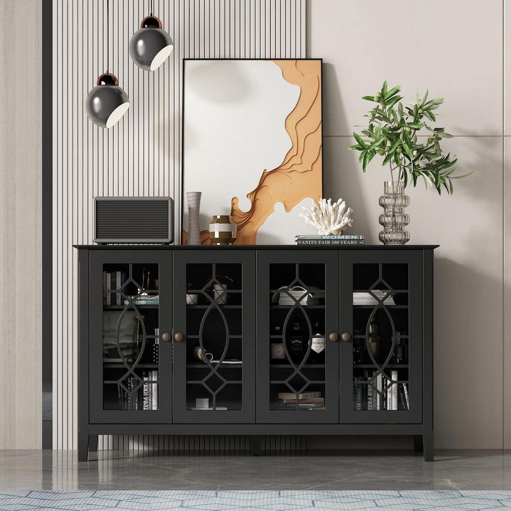 FUFU GAGA Black Wood Storage Cabinet TV Console with 4 Glass Doors Adjustable Shelves KF330001 02 KPL The Home Depot