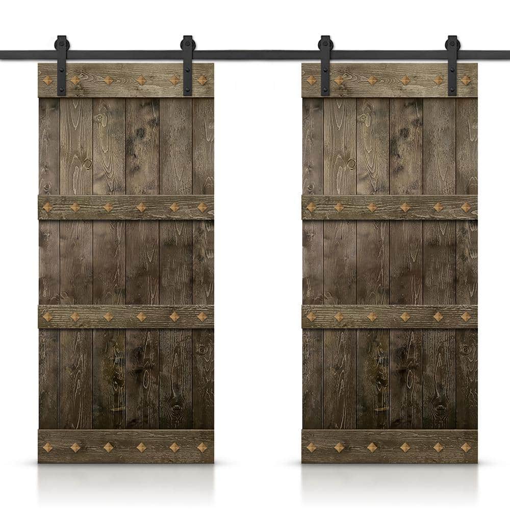 CALHOME 88 in. x 84 in. Espresso Stained DIY Pine Wood Interior Double Sliding Barn Door with ...