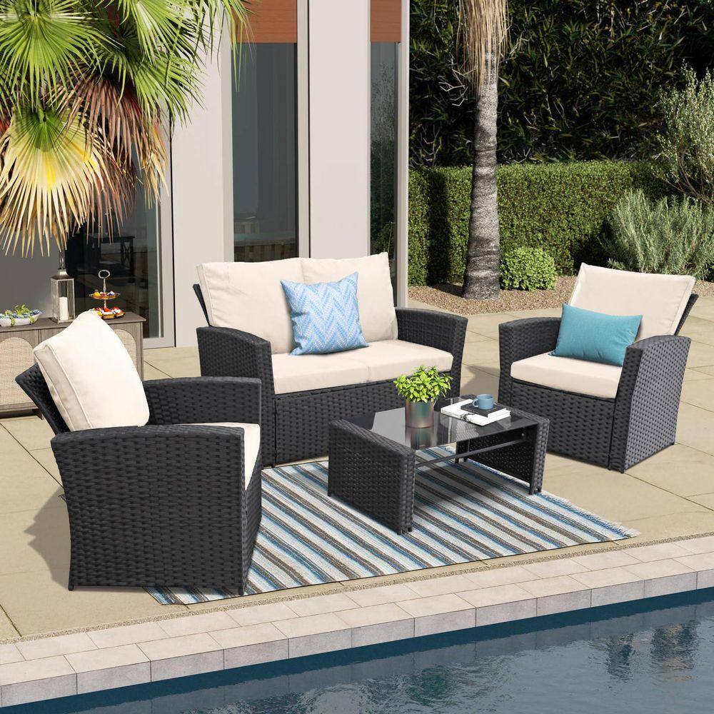 Zeus & Ruta 4-Piece Black Outdoor Wicker Conversation Sets with Beige ...