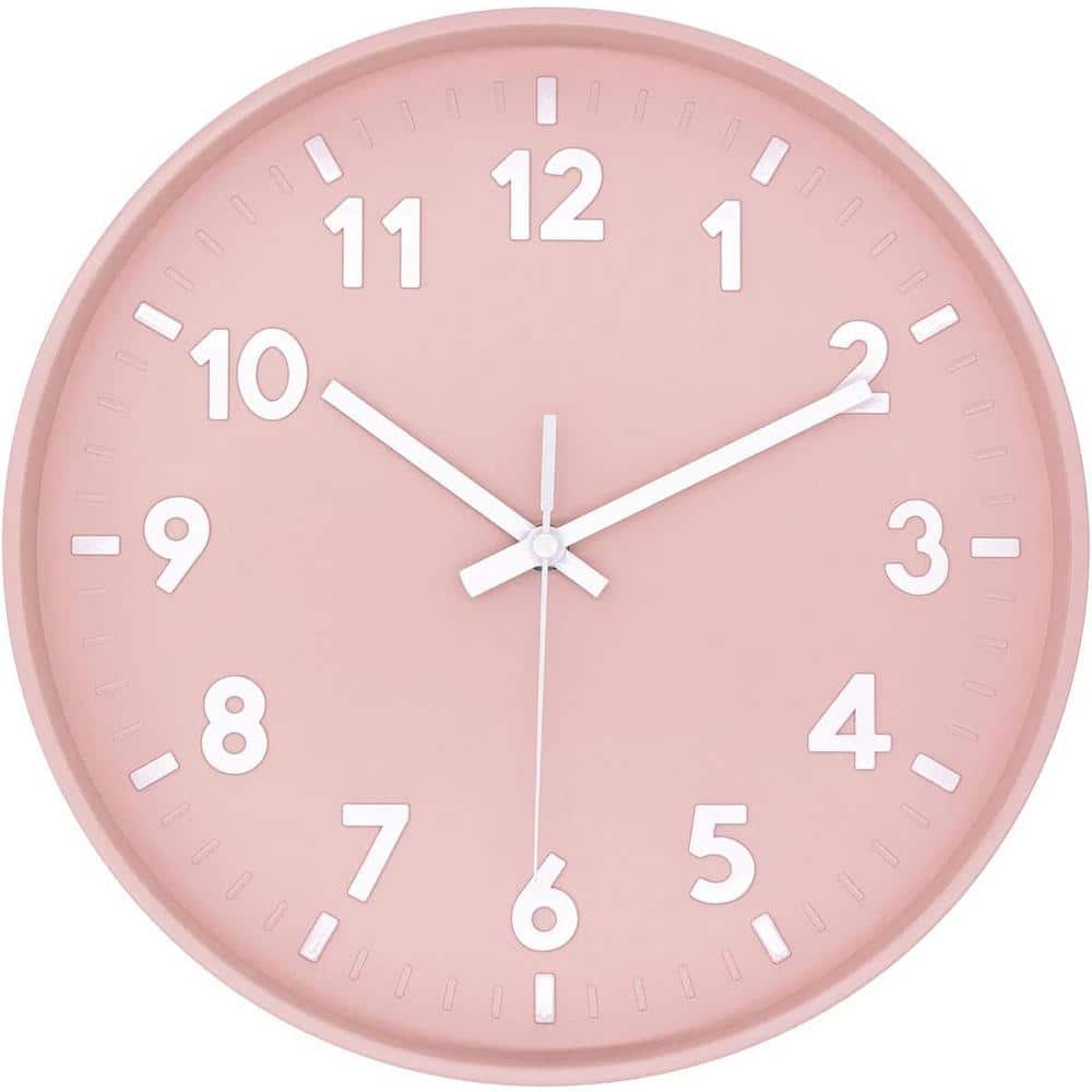 Afoxsos 12 in. Pink Analog Wall Clock Silent Non-Ticking Battery ...