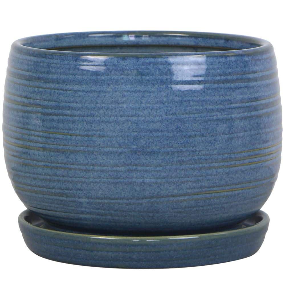 Vigoro Schuyler Small Blue Glazed Ceramic Round Planter with Attached ...