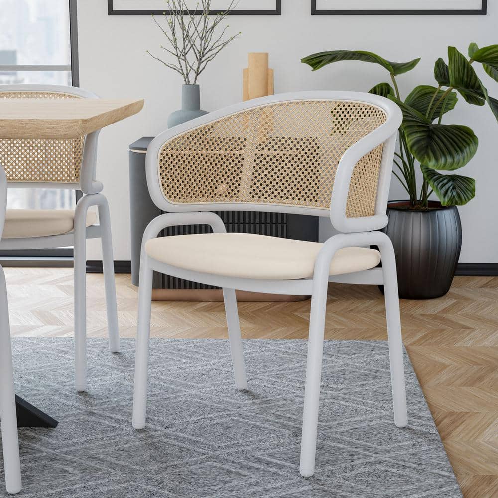 Leisuremod Modern Wicker Dining Chairs with Leather Seat in White ...