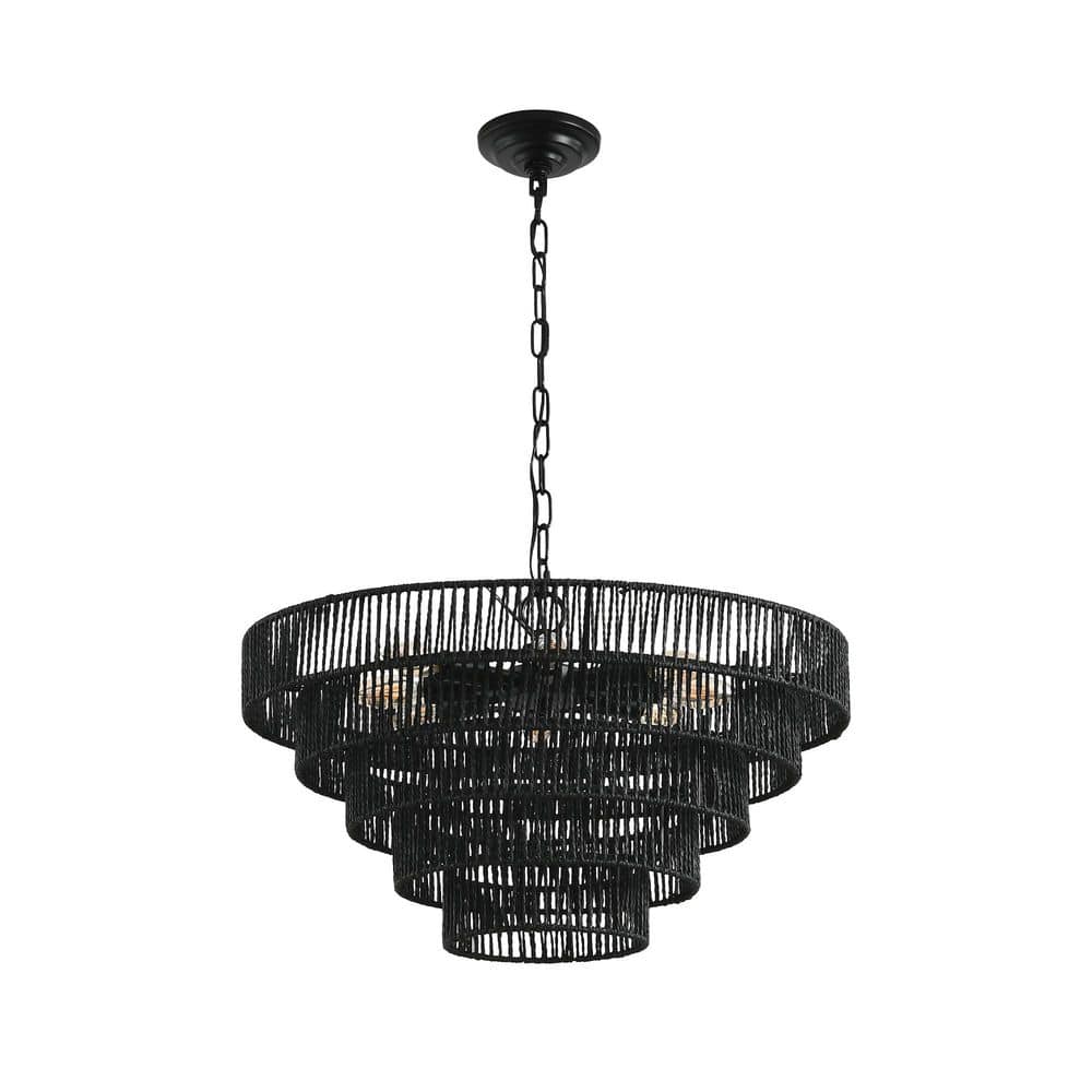 Jushua Modern 8-Light Black Woven Hemp Rope Chandelier, Boho Style ...
