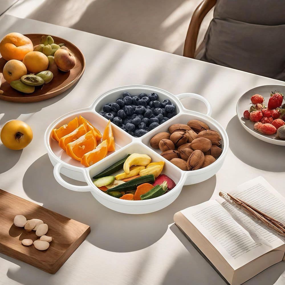 12 in. White Ceramic Divided Serving Tray and Platters, 4-Compartment ...