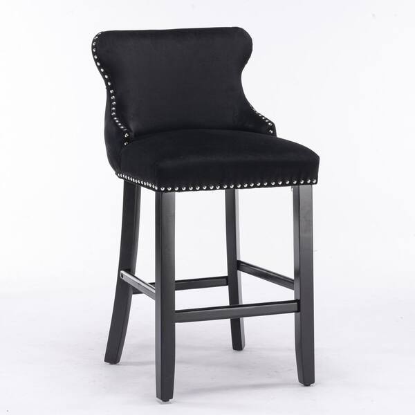 26.7 in. Black Wing Back Wood Bar Stool Tufted Upholstered Velvet ...