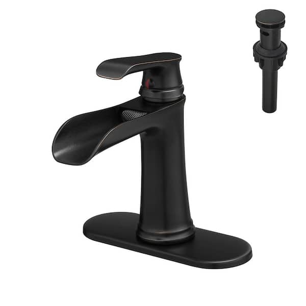 Single Hole Single-Handle Bathroom Faucet With Pop-Up Drain Assembly and Waterfall in Oil Rubbed ...