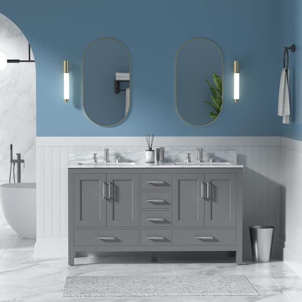 SJ STAR&JANE Thera 60 in. W x 22 in. D x 34 in. H Bath Vanity in Grey with Venato Carrara Top ...