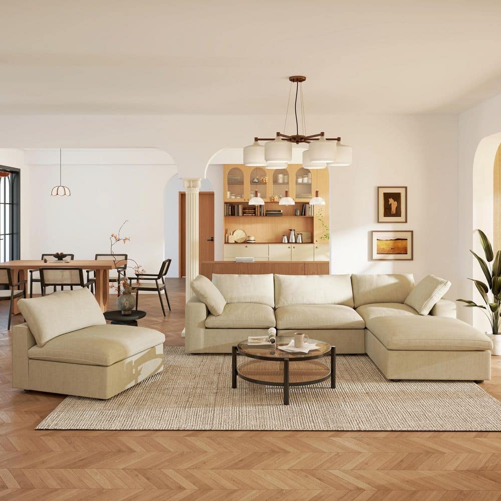 Magic Home Modular 5-Piece Khaki Linen Plush Down Filled Living Room ...