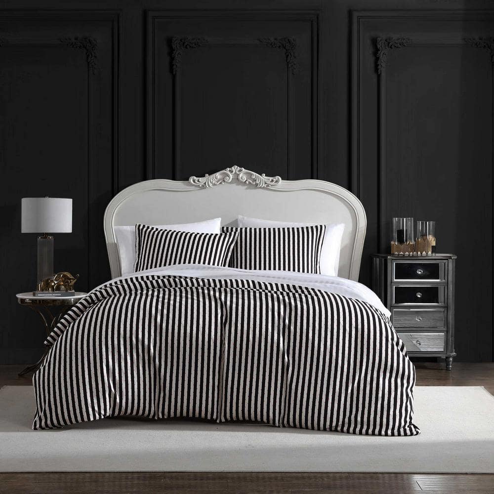 BETSEY JOHNSON Wonderland Stripe 3 Piece Black White Microfiber Full Queen Duvet Cover Set USHSFN1286476 The Home Depot