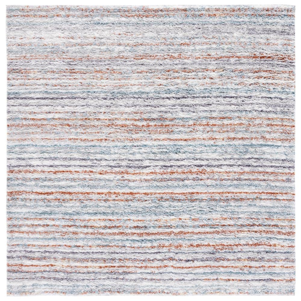 SAFAVIEH Berber Shag Blue Rust/Ivory 7 ft. x 7 ft. Striped Square Area ...