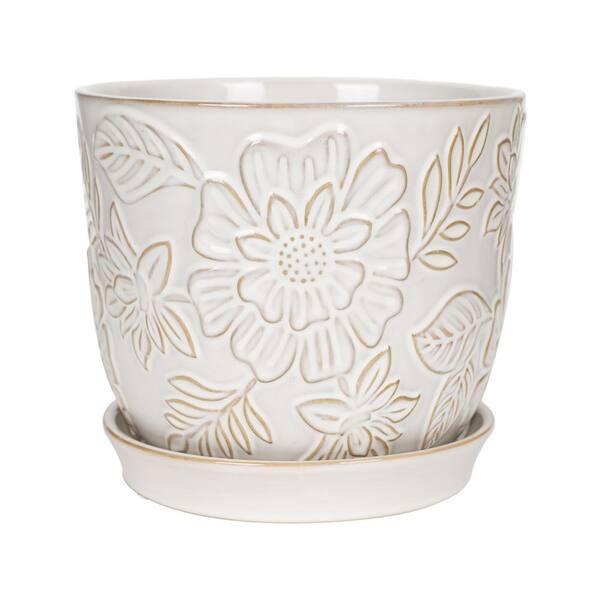 Vigoro 9.3 in. Lorelai Medium White Floral Ceramic Pot (9.3 in. D x 8.1 in. H) with Drainage ...