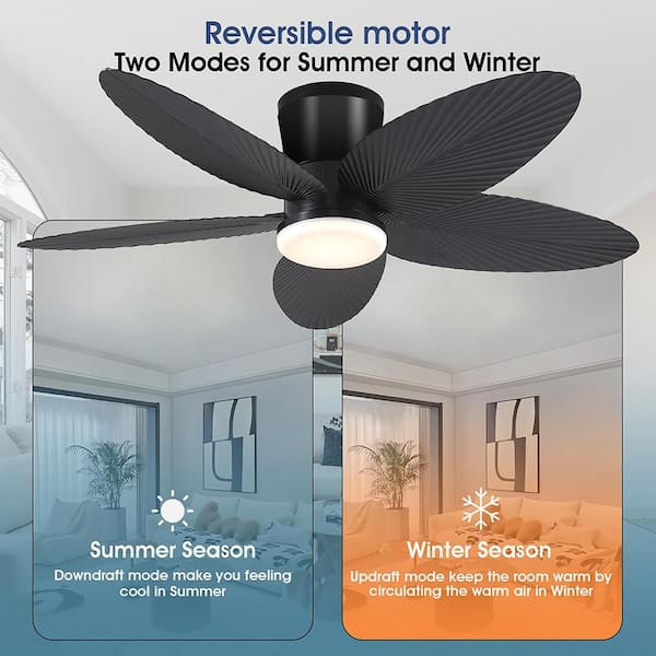 42 in. Indoor Black Flush Mount Palm Leaf Ceiling Fan with Integrated ...