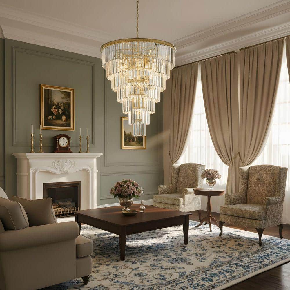 RCCFBHM 40 in. 30-Light Gold Modern Waterfall Style Crystal Chandelier ...