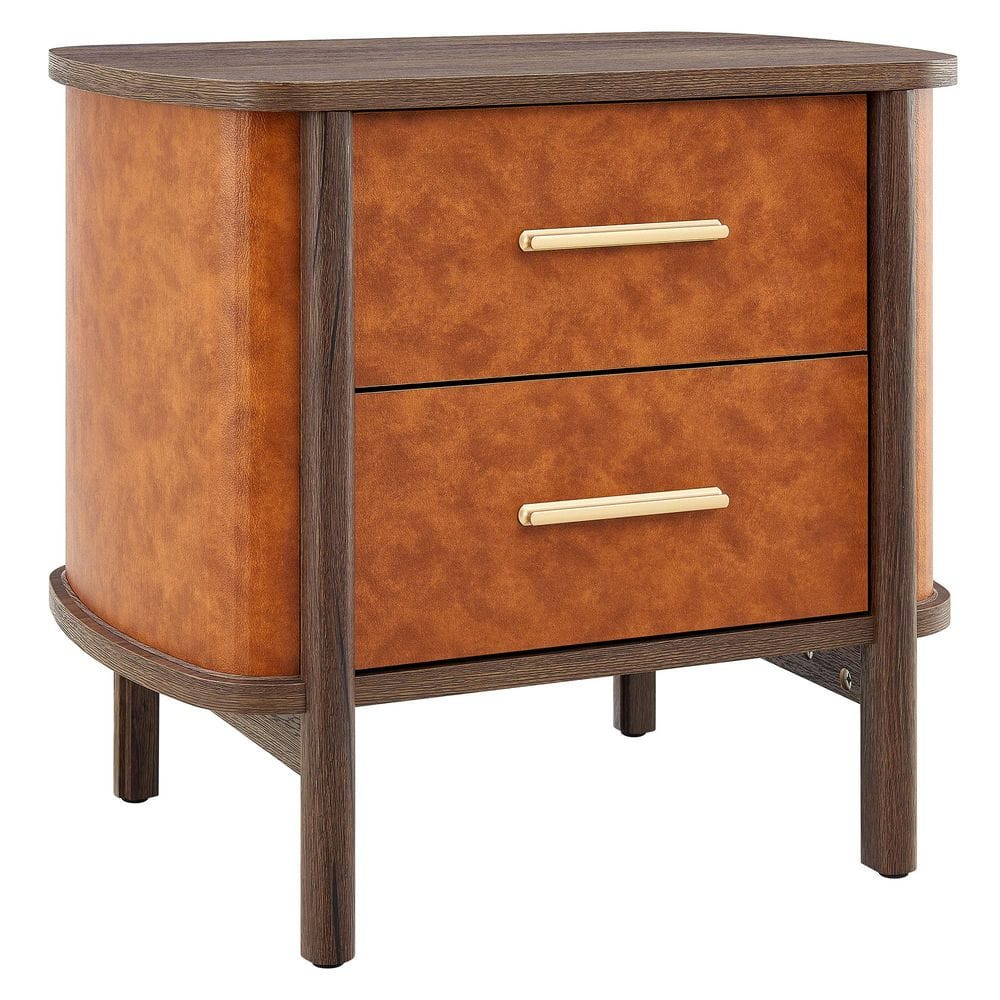 MODWAY Coralie 2-Drawer Curved Vegan Leather Nightstand in Walnut Tan ...