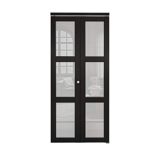 EH PUERTA 30 in. x 80 in. 3-Lite Frosted Glass Solid Core MDF Black ...