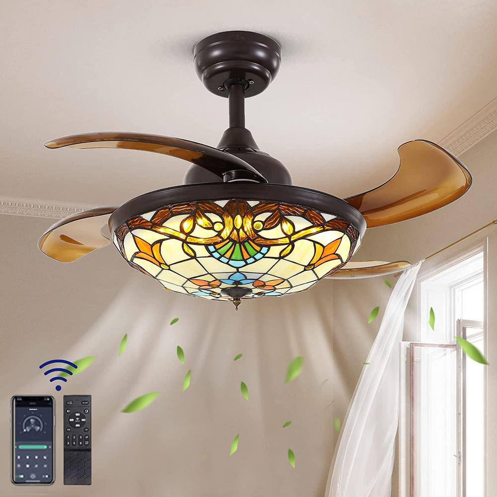 ANTOINE 36 in. Integrated LED Indoor Brown Tiffany Retractable Ceiling ...