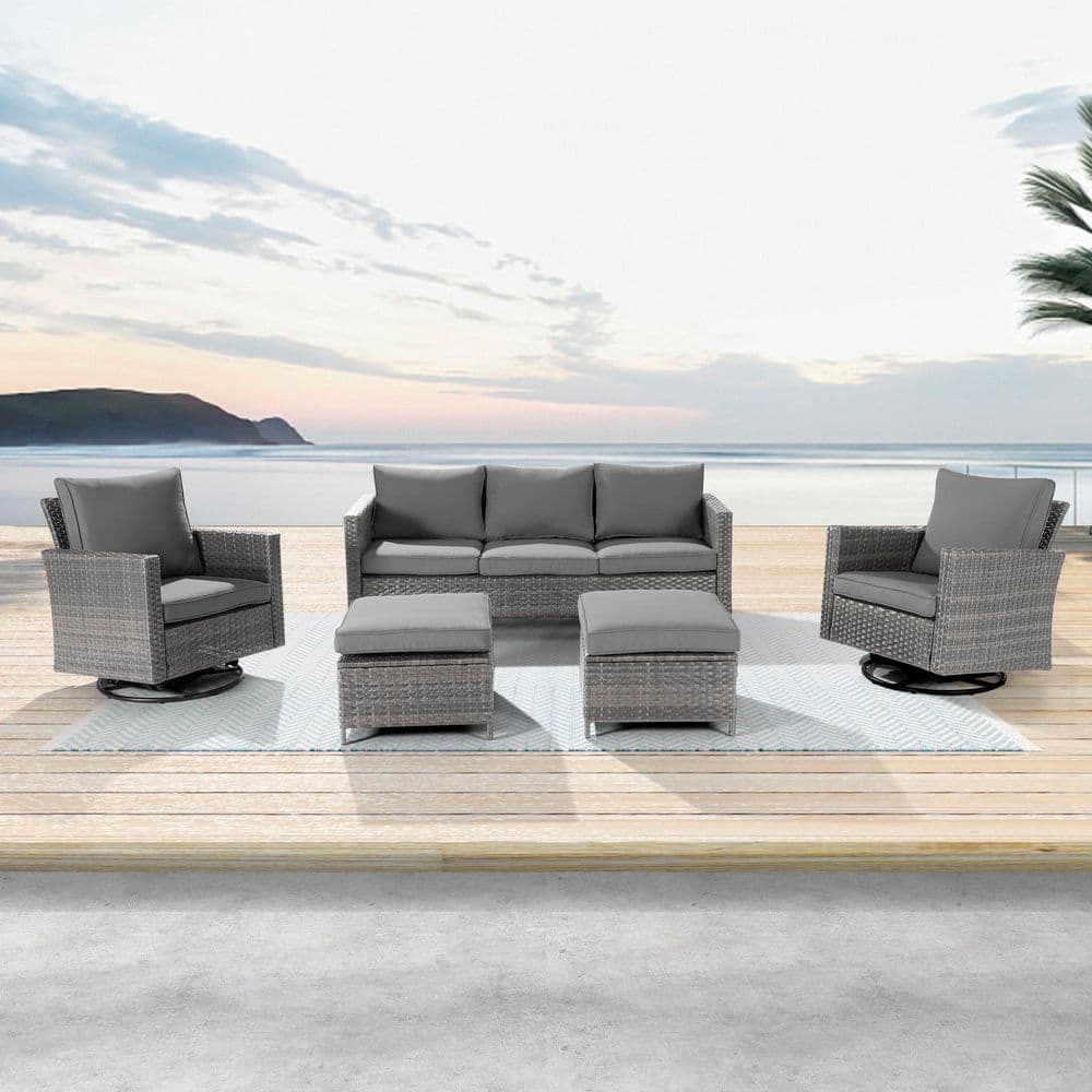 SANLUCE 5-Set Outdoor Grey PE Wicker Furniture Conversation Couch Set ...