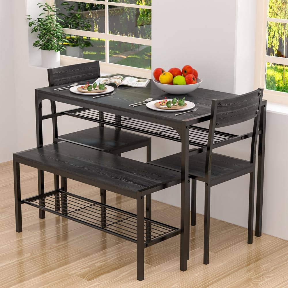 VECELO 43.3 in. Black Dining Table Set for 4 w/ Bench and 2-Chairs Modern Rectangular Metal ...