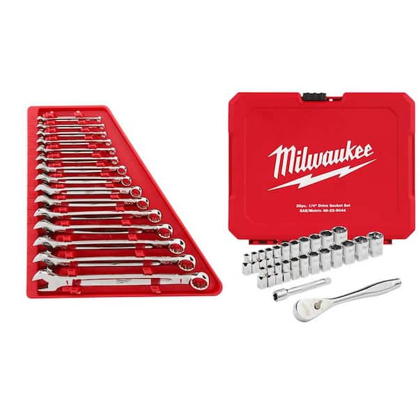 Milwaukee Combination SAE Wrench Mechanics Tool Set with 1/4 in. Drive SAE/Metric Ratchet and ...