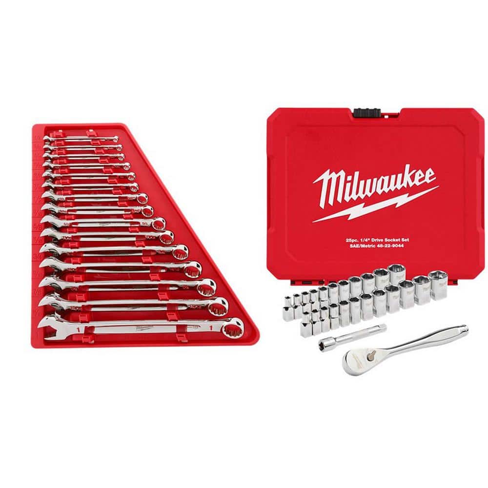 Milwaukee Combination SAE Wrench Mechanics Tool Set with 1/4 in. Drive ...