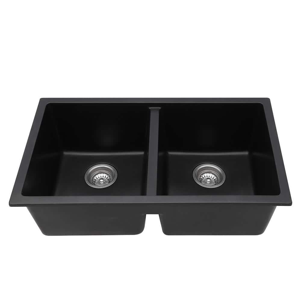 Modland Loile 33 in. L Undermount Double Bowl Black Granite Composite ...