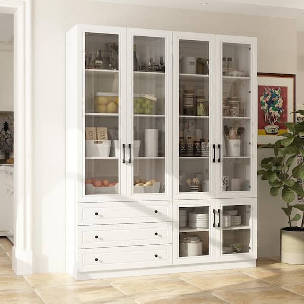 FUFU GAGA White Paint Finish Wood Storage Cabinet with Tempered Glass Doors LED Lights Drawers Adjustable Shelves KF330093 12
