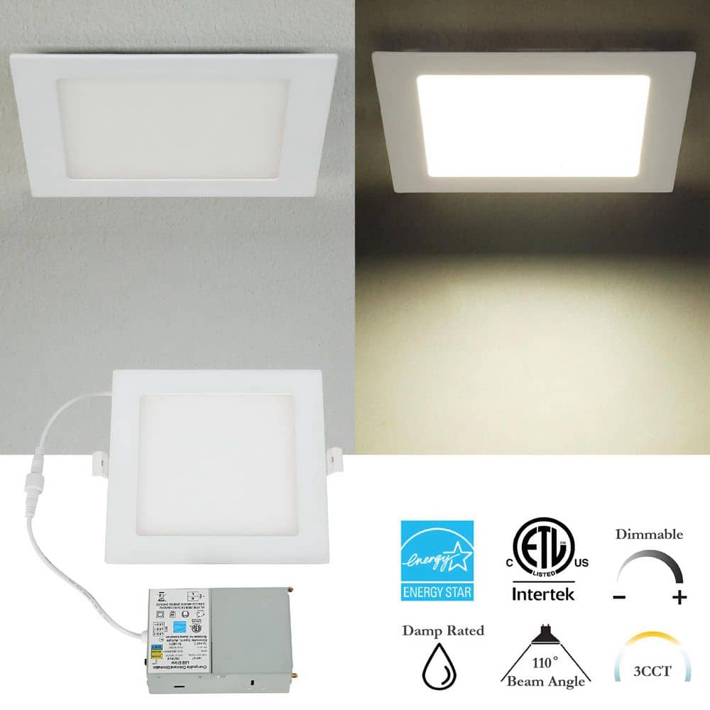 LNC 6 in. White Integrated LED Square Canless Recessed Light Flat Panel ...