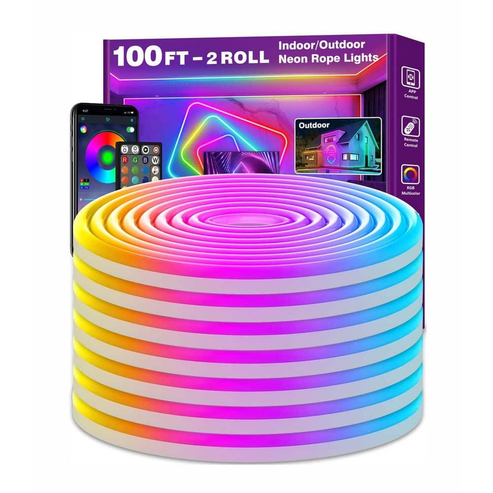 OBJLGEV 100 ft. Outdoor RGB App/Remote Control Plug-In Integrated LED ...