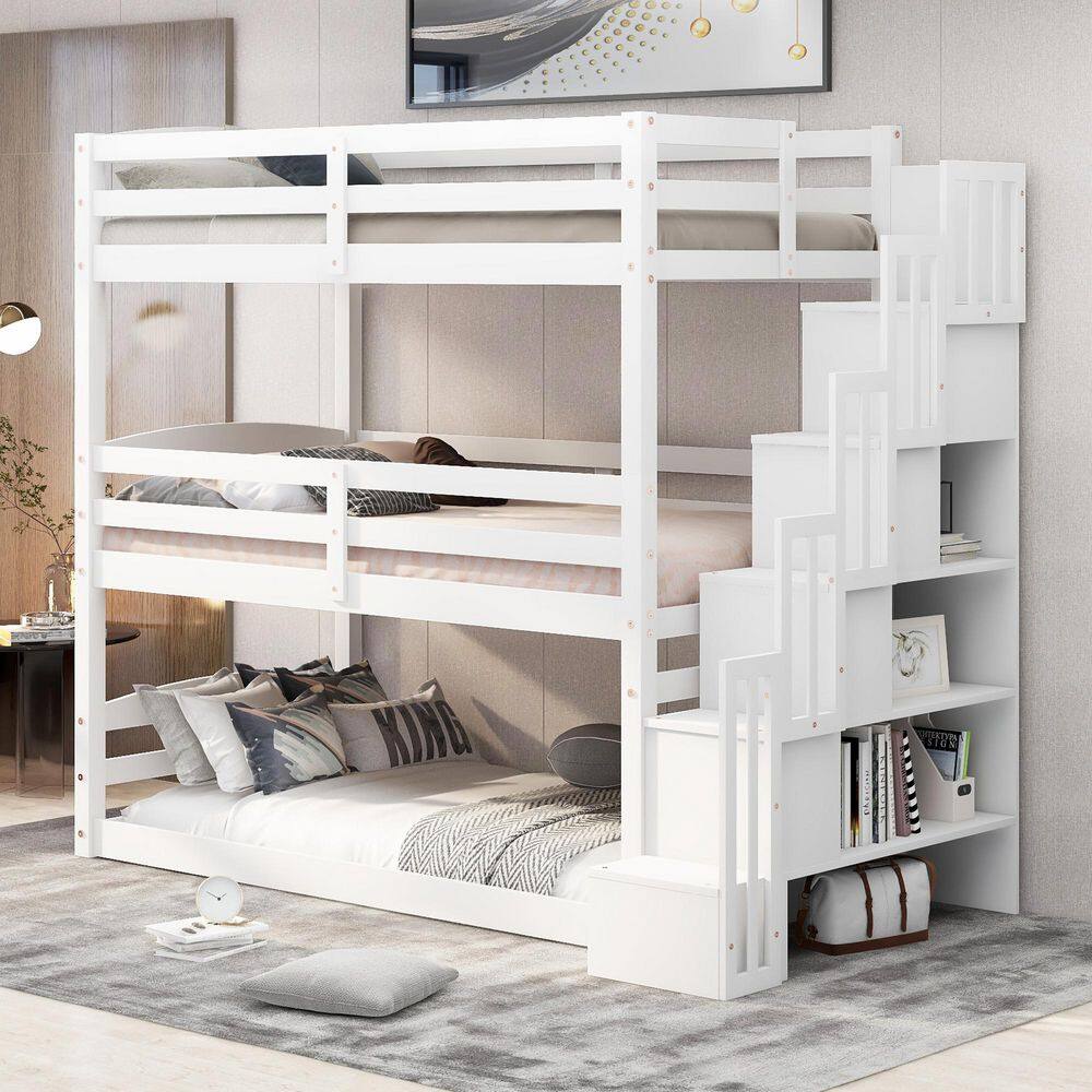 GOJANE White Twin Size Triple Bunk Bed with Storage Staircase, Separate ...