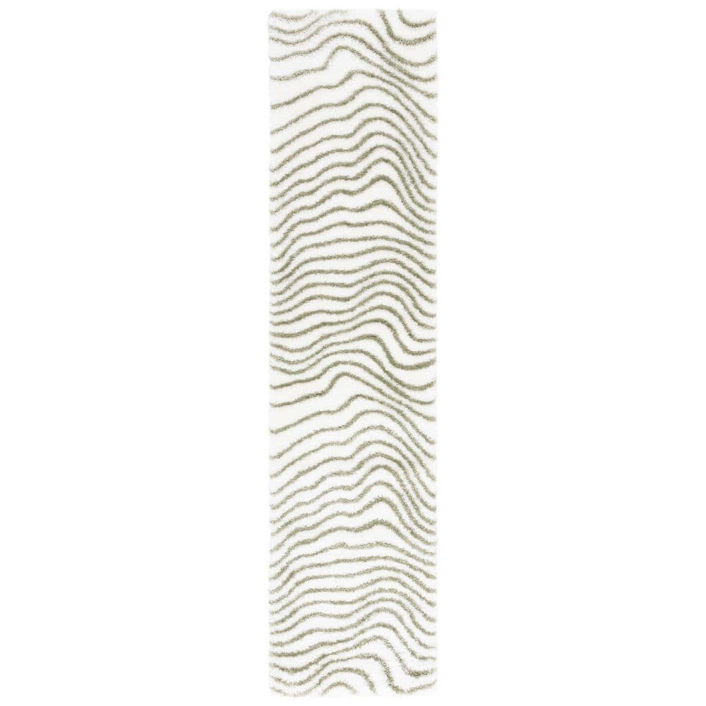 SAFAVIEH Tahoe Shag 2 ft. x 8 ft. Ivory/Green Wavy Striped Runner Rug ...