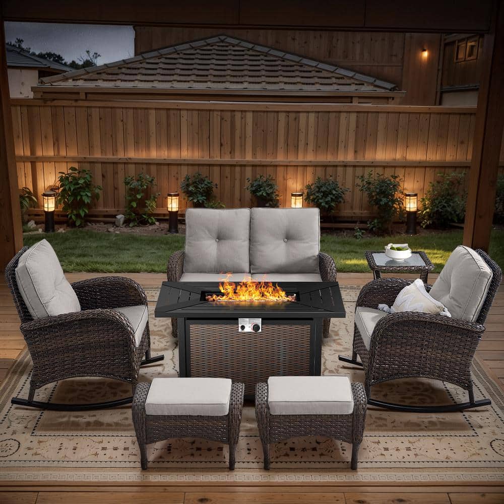 Reviews for Opohoro Brown 7-Piece Wicker Patio Fire Pit Set, Outdoor ...