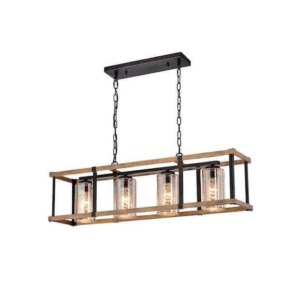 Jojospring Bonnie 4-Light Faux Wood Grain and Antique Black Glass ...